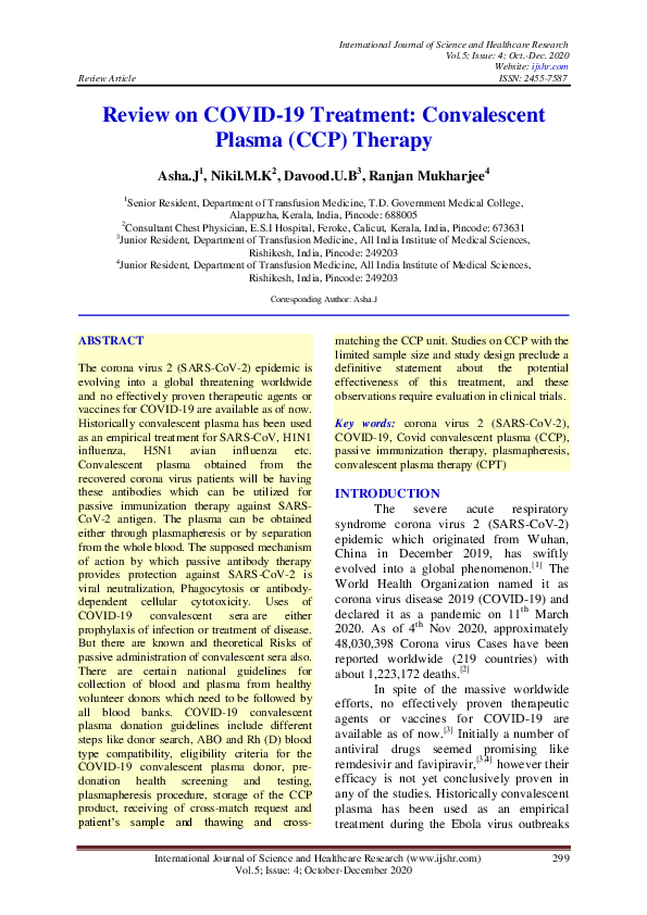 (PDF) Review on COVID-19 Treatment: Convalescent Plasma (CCP) Therapy
