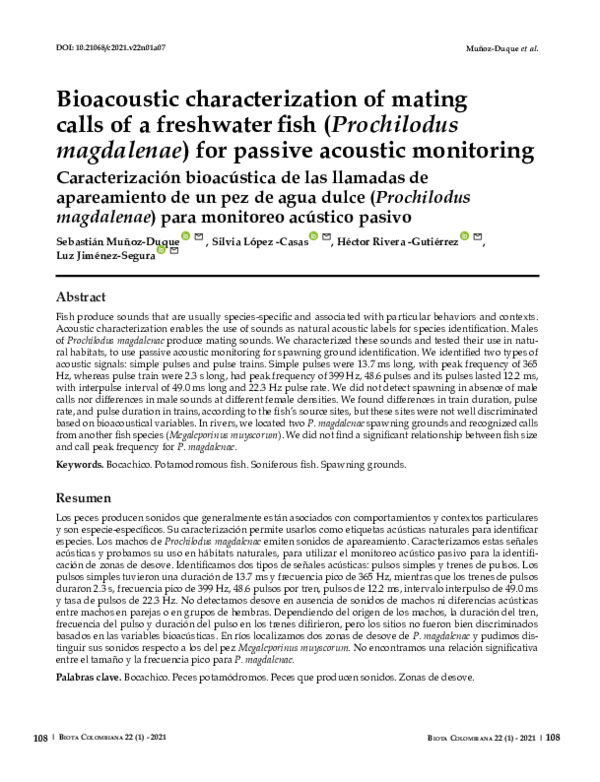 (PDF) Bioacoustic characterization of mating calls of a freshwater fish ...