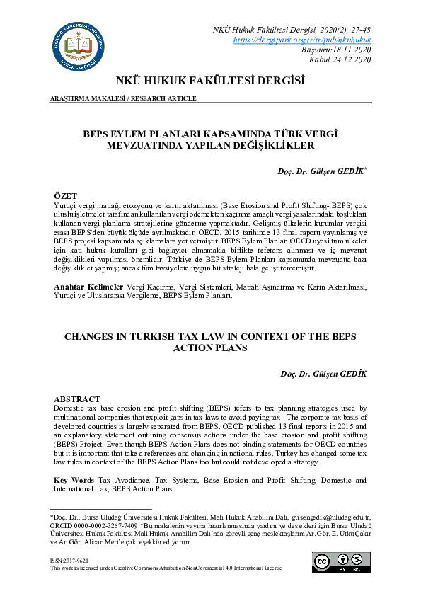 (PDF) BEPS EYLEM PLANLARI KAPSAMINDA TÜRK VERGİ MEVZUATINDA YAPILAN DEĞİŞİKLİKLER