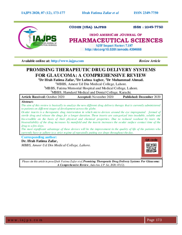 (PDF) Ifrah Fatima Zafar et al, Promising Therapeutic Drug Delivery ...