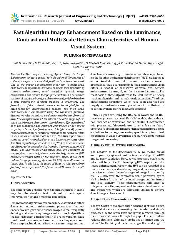 Pdf Irjet Fast Algorithm Image Enhancement Based On The Luminance Contrast And Multi Scale 3032