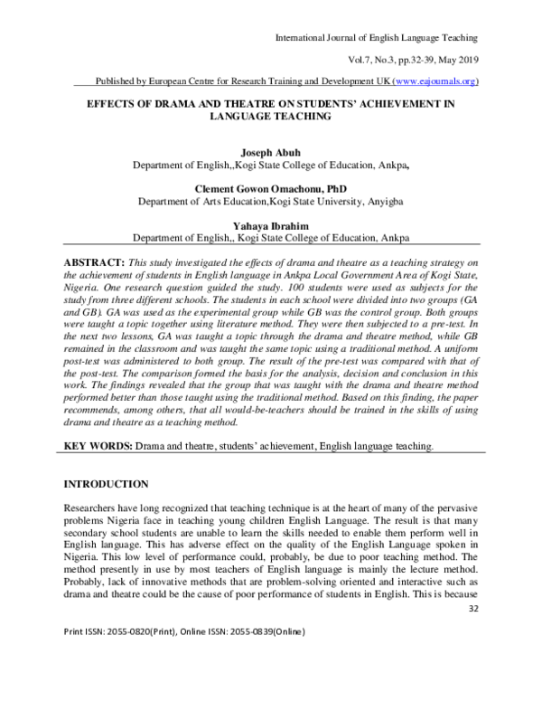 (PDF) EFFECTS OF DRAMA AND THEATRE ON STUDENTS' ACHIEVEMENT IN LANGUAGE ...