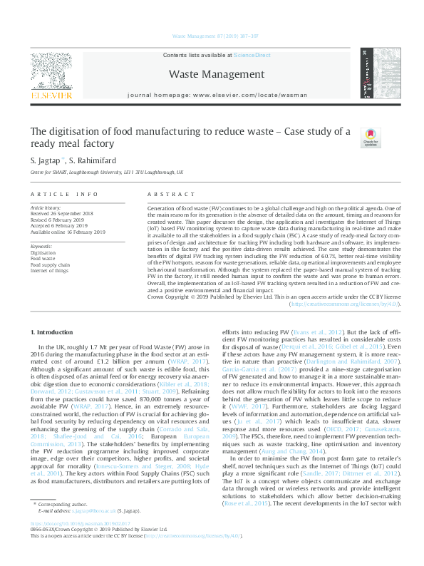 (PDF) The digitisation of food manufacturing to reduce waste -Case ...