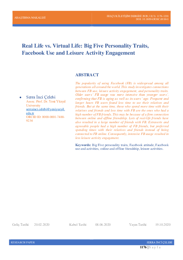 (PDF) Real Life vs. Virtual Life: Big Five Personality Traits, Facebook Use and Leisure Activity ...
