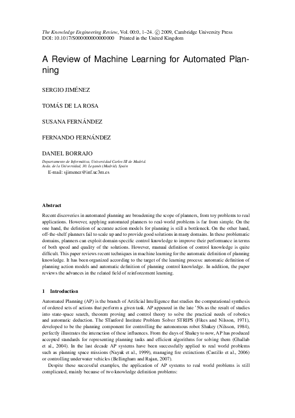 (PDF) A review of machine learning for automated planning