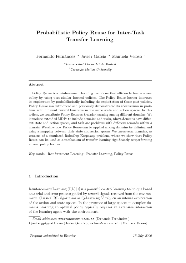 (PDF) Probabilistic Policy Reuse for inter-task transfer learning