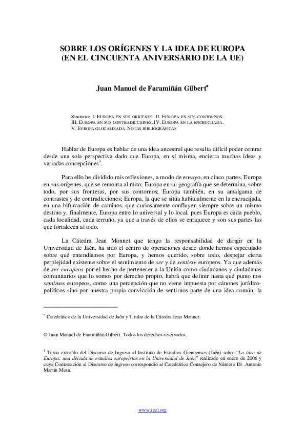 (PDF) SOBRE LOS ORÍGENES Y LA IDEA DE EUROPA (EN EL CINCUENTA ANIVERSARIO DE LA UE