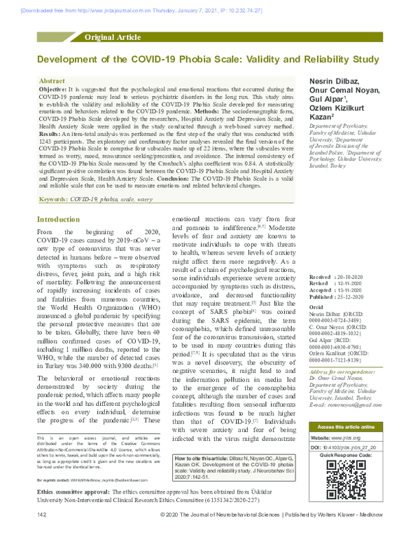 (PDF) Development of the COVID‑19 Phobia Scale: Validity and Reliability Study