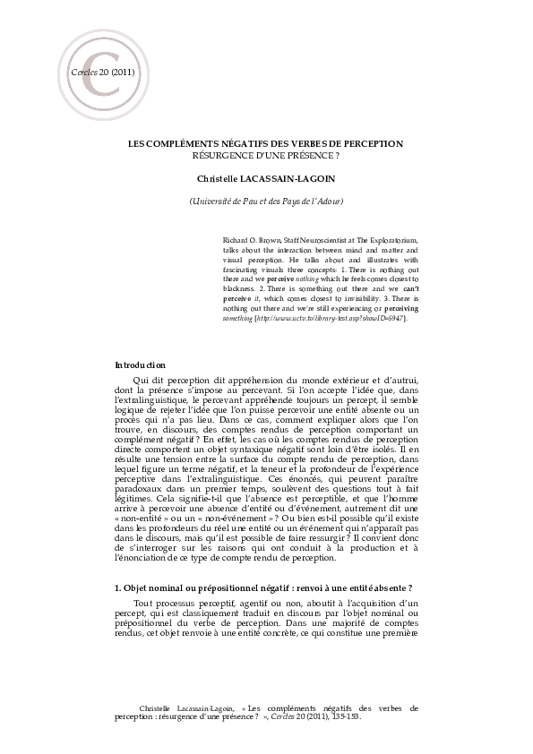 (PDF) Les compléments négatifs des verbes de perception : résurgence d ...