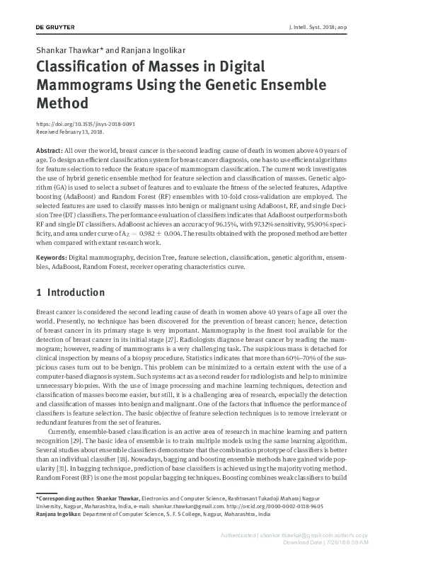 (PDF) Classification of Masses in Digital Mammograms Using the Genetic Ensemble Method