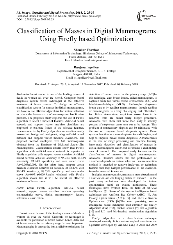 (PDF) Classification of Masses in Digital Mammograms Using Firefly based Optimization