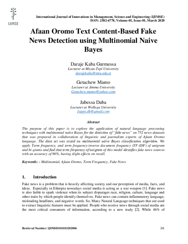 Pdf Afaan Oromo Text Content Based Fake News Detection Using Multinomial Naive Bayes
