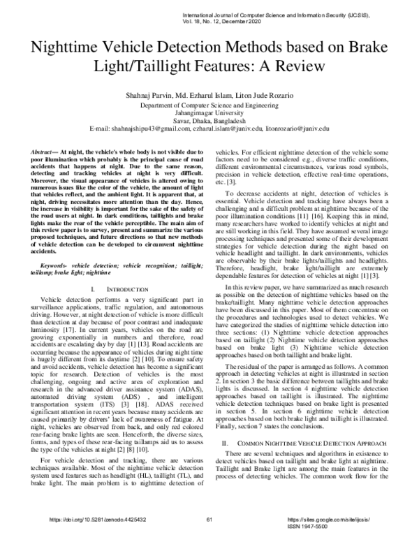 Pdf Nighttime Vehicle Detection Methods Based On Brake Light Taillight Features A Review