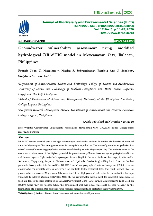 Pdf Groundwater Vulnerability Assessment Using Modified Hydrological Drastic Model In
