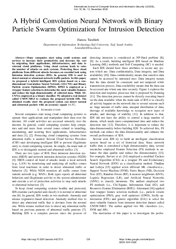 Pdf A Hybrid Convolution Neural Network With Binary Particle Swarm Optimization For Intrusion 2257