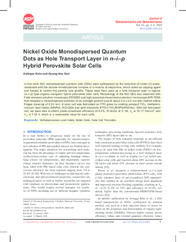 (PDF) Nickel Oxide Monodispersed Quantum Dots as Hole Transport Layer in n-i-p Hybrid Perovskite ...