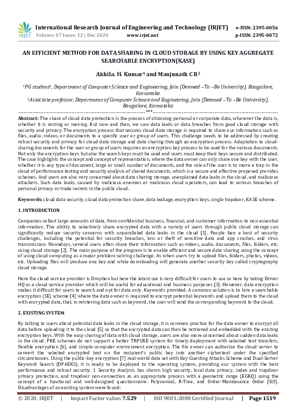 Pdf Irjet An Efficient Method For Data Sharing In Cloud Storage By Using Key Aggregate