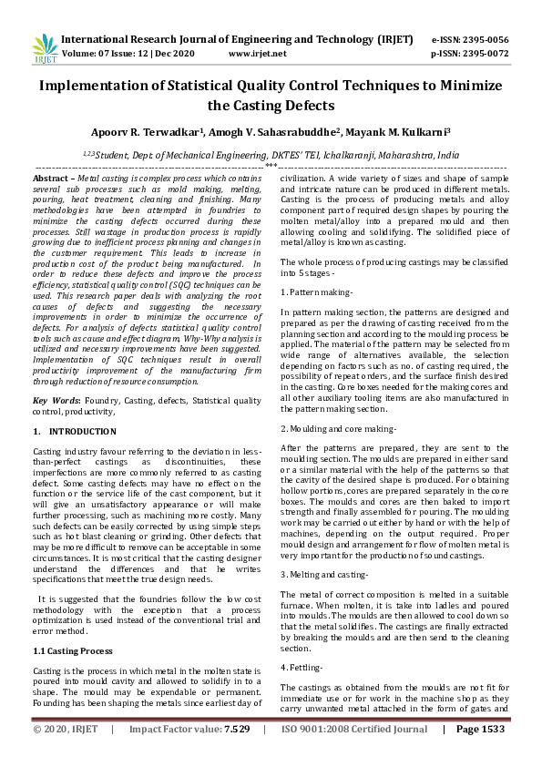 Pdf Irjet Implementation Of Statistical Quality Control Techniques To Minimize The Casting