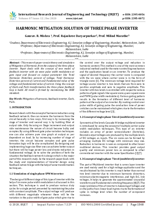 (PDF) IRJET- HARMONIC MITIGATION SOLUTION OF THREE PHASE INVERTER