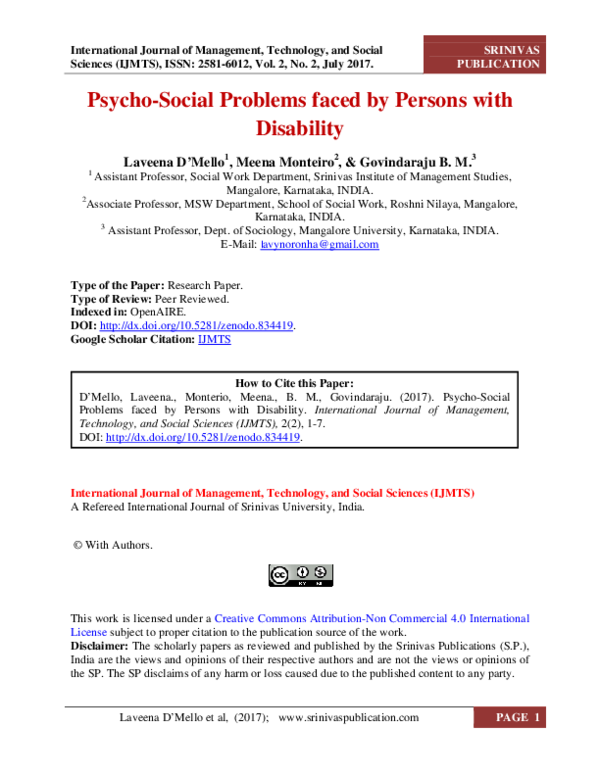 (PDF) Psycho-Social Problems faced by Persons with Disability