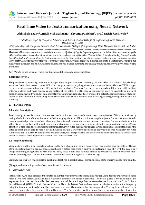(PDF) IRJET- Real Time Video to Text Summarization using Neural Network