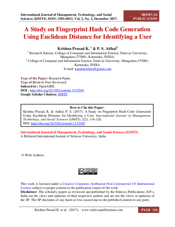 (PDF) A Study on Fingerprint Hash Code Generation Using Euclidean Distance for Identifying a User