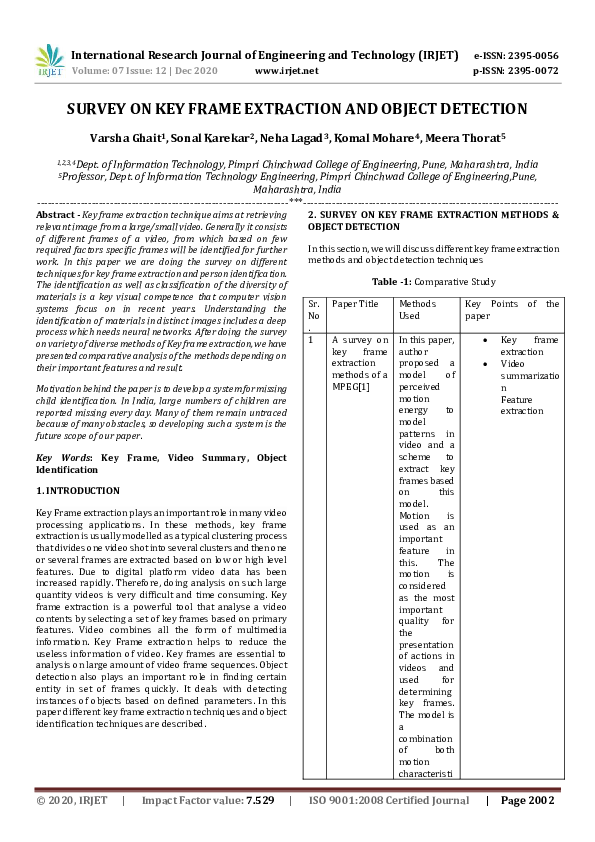 (PDF) IRJET- SURVEY ON KEY FRAME EXTRACTION AND OBJECT DETECTION