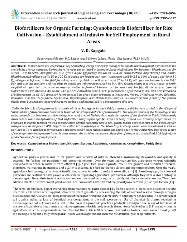 (PDF) Biofertilizers for Organic Farming: Cyanobacteria Biofertilizer ...