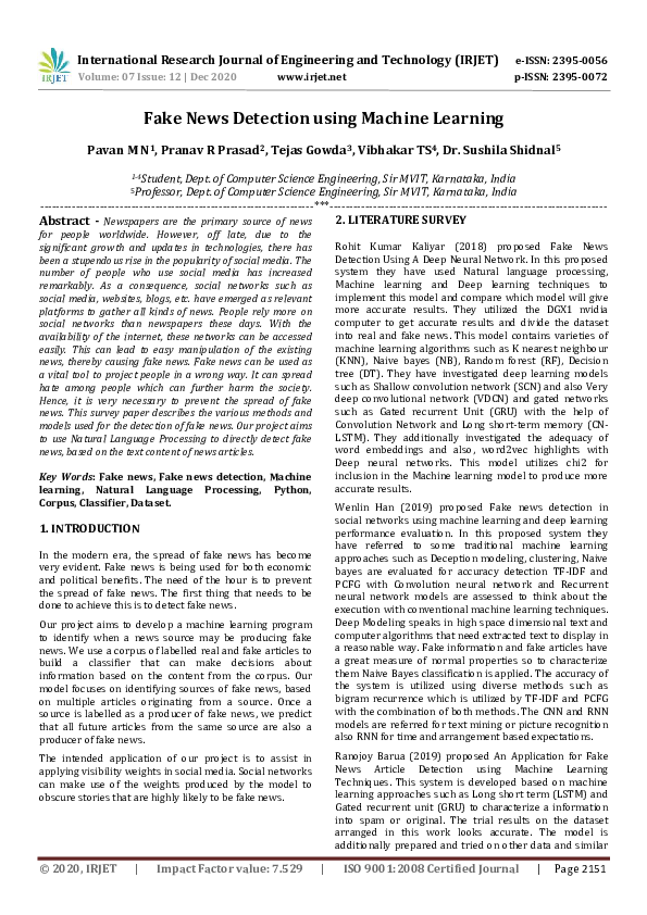 (PDF) IRJET- Fake News Detection using Machine Learning