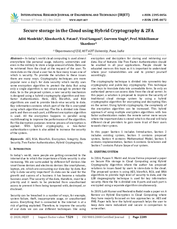 (PDF) IRJET- Secure storage in the Cloud using Hybrid Cryptography & 2FA