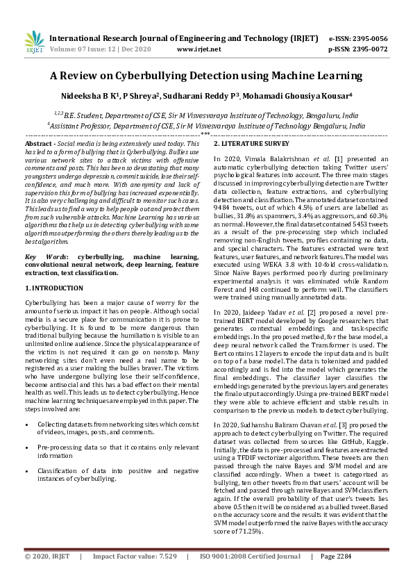 (PDF) IRJET- A Review on Cyberbullying Detection using Machine Learning