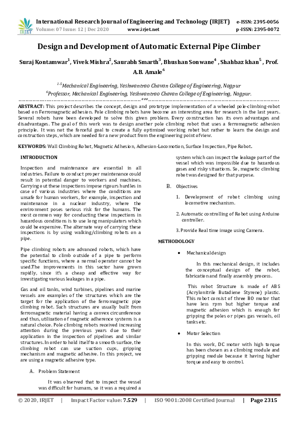 (PDF) IRJET- Design and Development of Automatic External Pipe Climber
