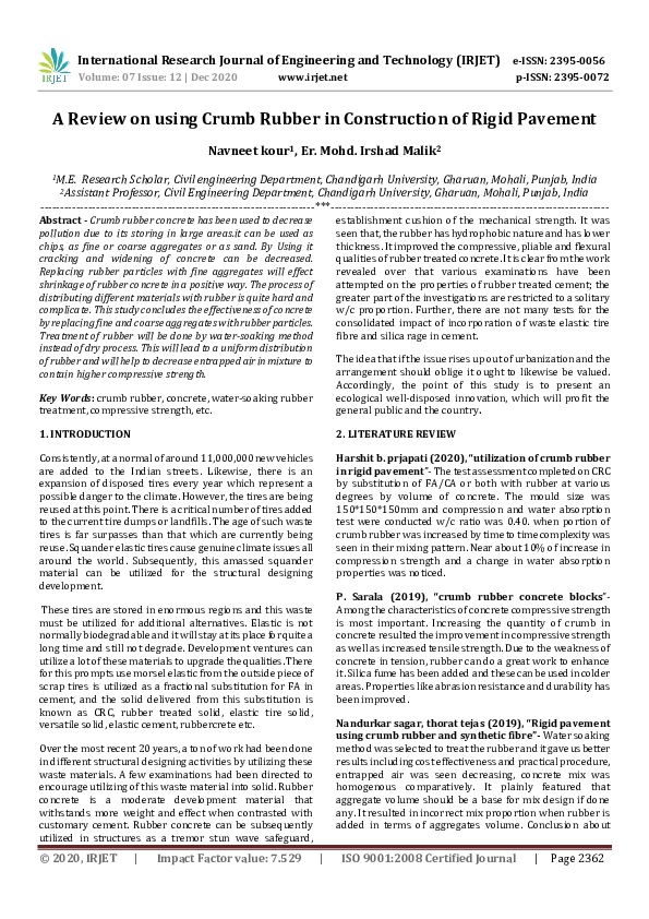 (PDF) IRJET - A Review on using Crumb Rubber in Construction of Rigid ...
