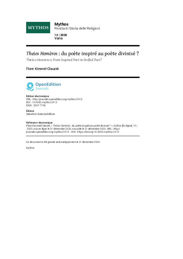 (PDF) Theios Homèros : du poète inspiré au poète divinisé
