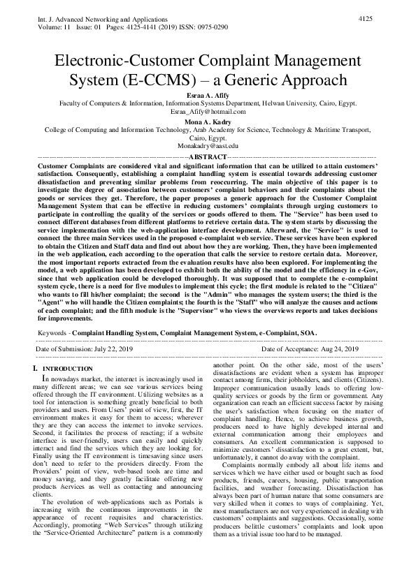 (PDF) Electronic-Customer Complaint Management System (E-CCMS) -a ...