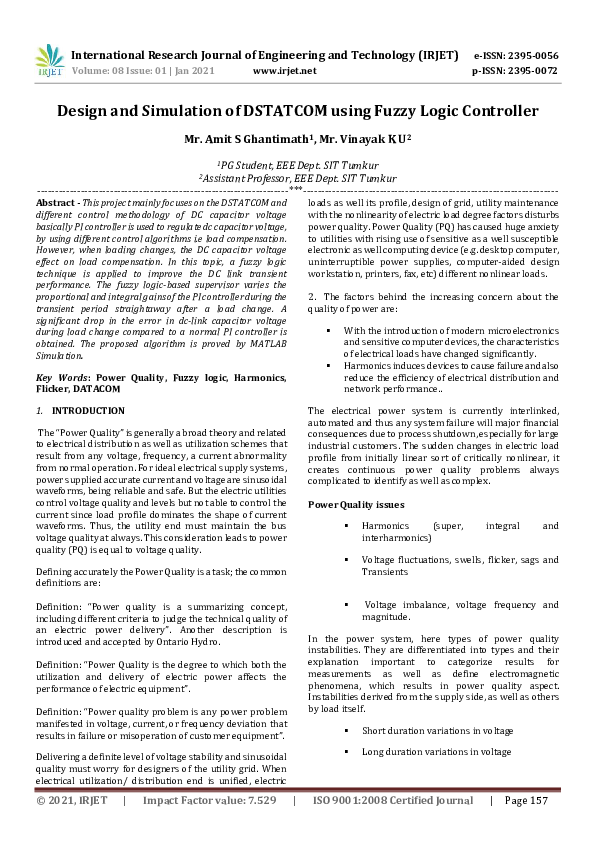Pdf Design And Simulation Of Dstatcom Using Fuzzy Logic Controller 1148
