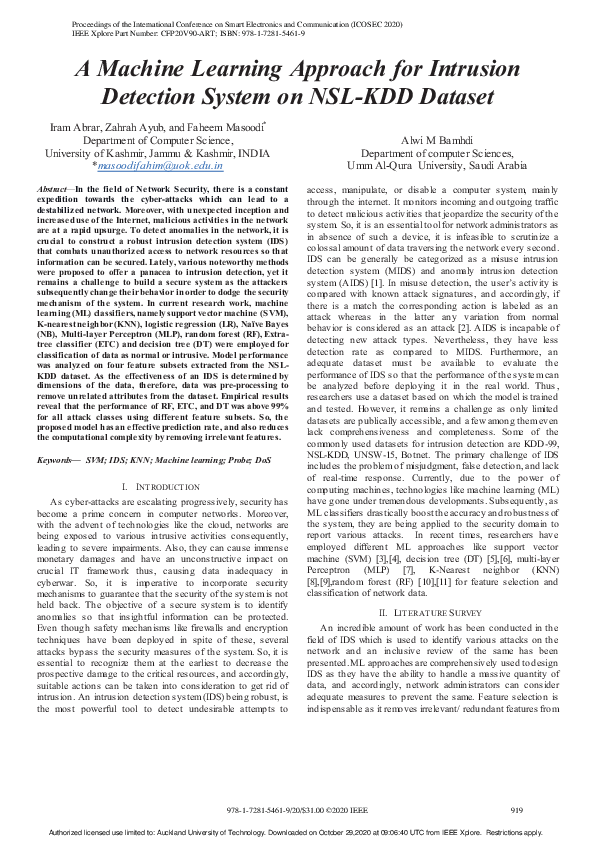 Pdf A Machine Learning Approach For Intrusion Detection System On Nsl