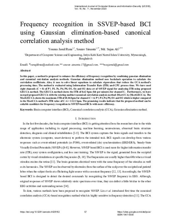 Pdf Frequency Recognition In Ssvep Based Bci Using Gaussian Elimination Based Canonical