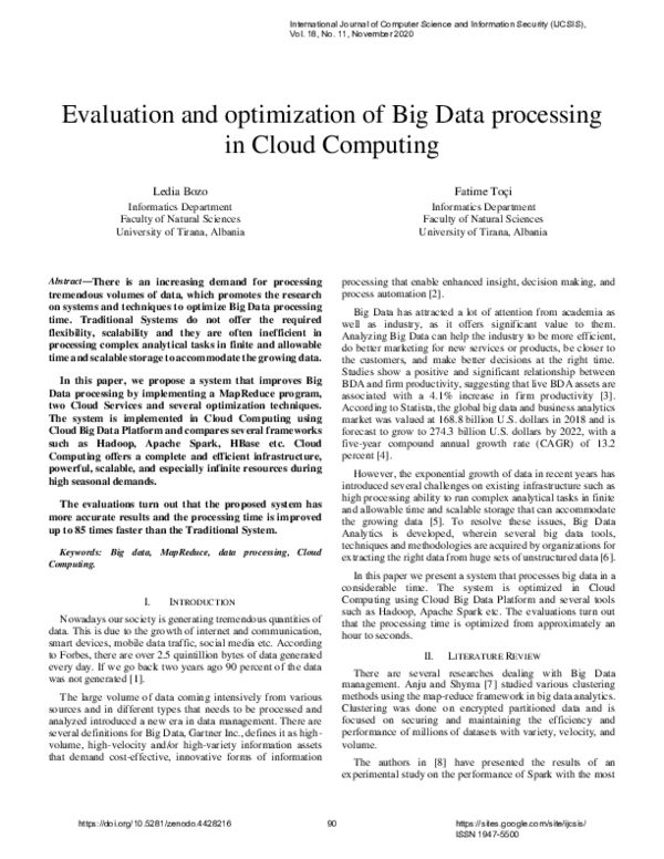 Pdf Evaluation And Optimization Of Big Data Processing In Cloud Computing