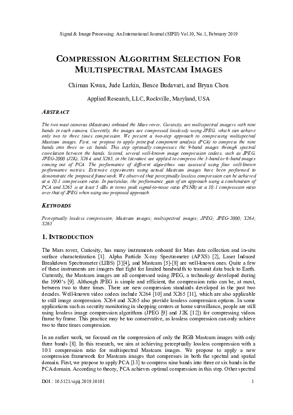 (PDF) Compression algorithm selection for multispectral Mastcam images