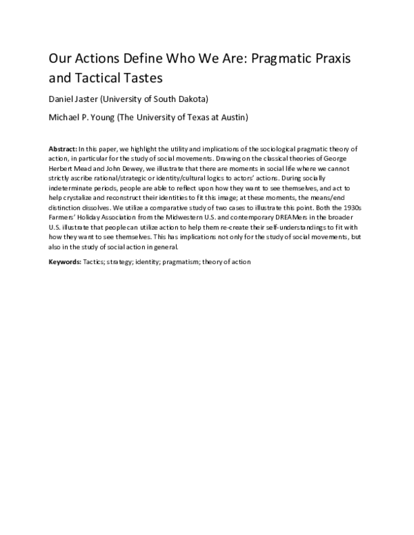 (PDF) Our actions define who we are: pragmatic praxis and tactical tastes