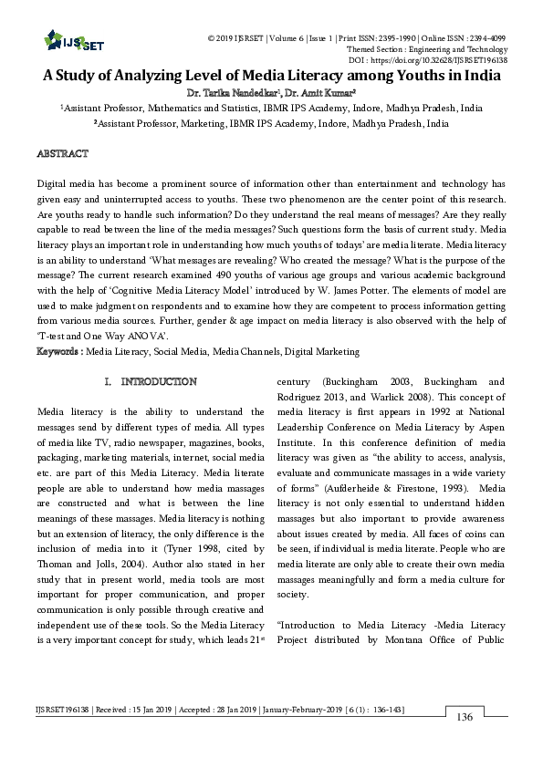 (PDF) A Study of Analyzing Level of Media Literacy among Youths in India
