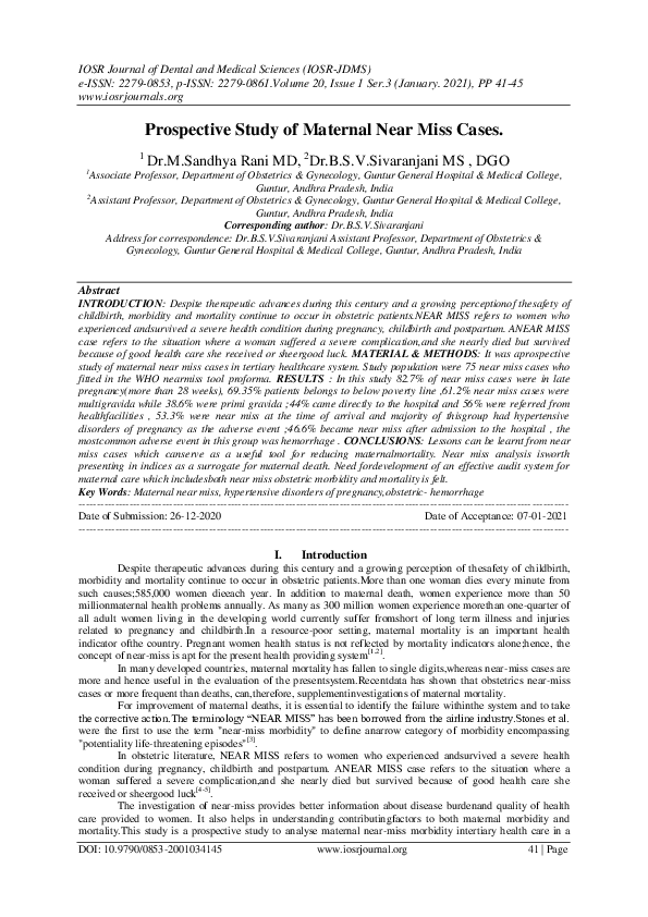 (PDF) Prospective Study of Maternal Near Miss Cases