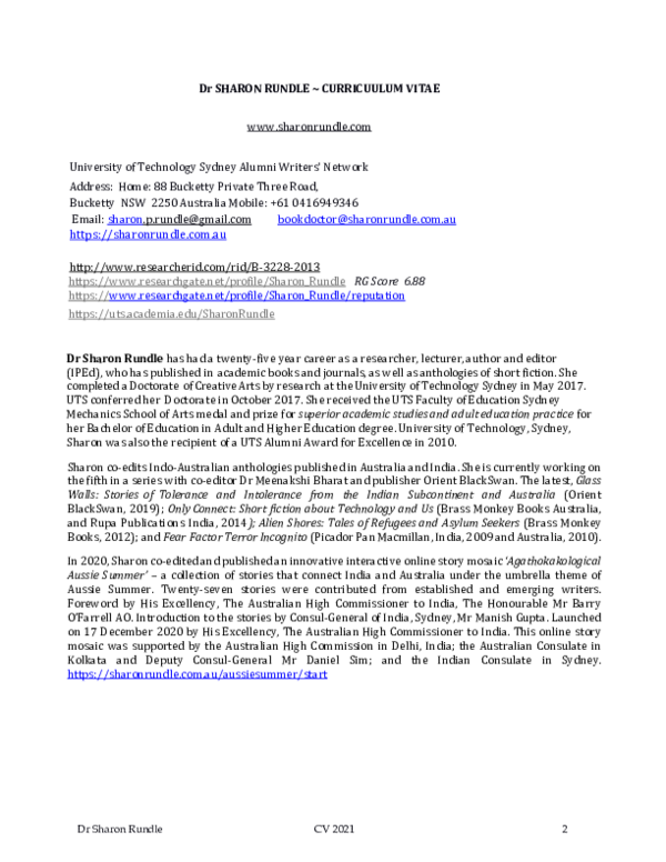 (PDF) Dr SHARON RUNDLE CURRICUULUM VITAE 2021