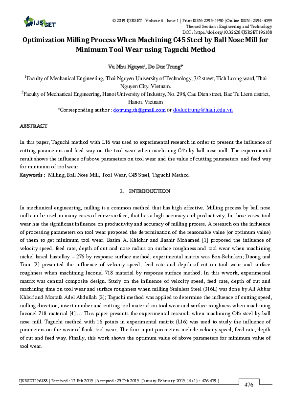 (PDF) Optimization Milling Process When Machining C45 Steel by Ball Nose Mill for Minimum Tool ...