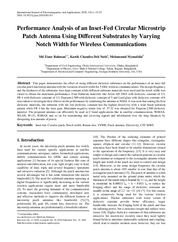 Pdf Performance Analysis Of An Inset Fed Circular Microstrip Patch Antenna Using Different