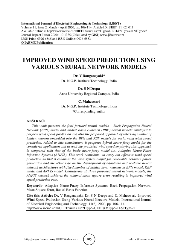 (PDF) IMPROVED WIND SPEED PREDICTION USING VARIOUS NEURAL NETWORK MODELS