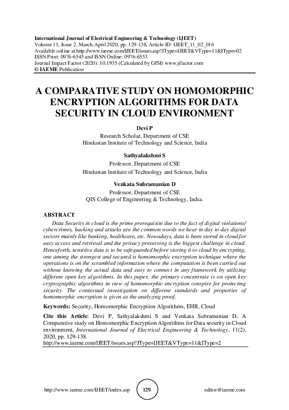 (PDF) A COMPARATIVE STUDY ON HOMOMORPHIC ENCRYPTION ALGORITHMS FOR DATA ...