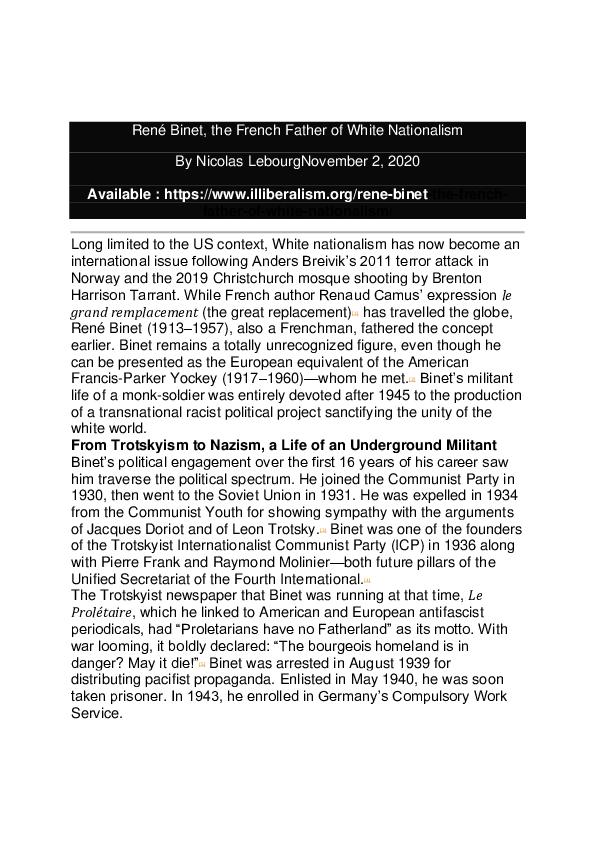 (PDF) René Binet, the French Father of White Nationalism