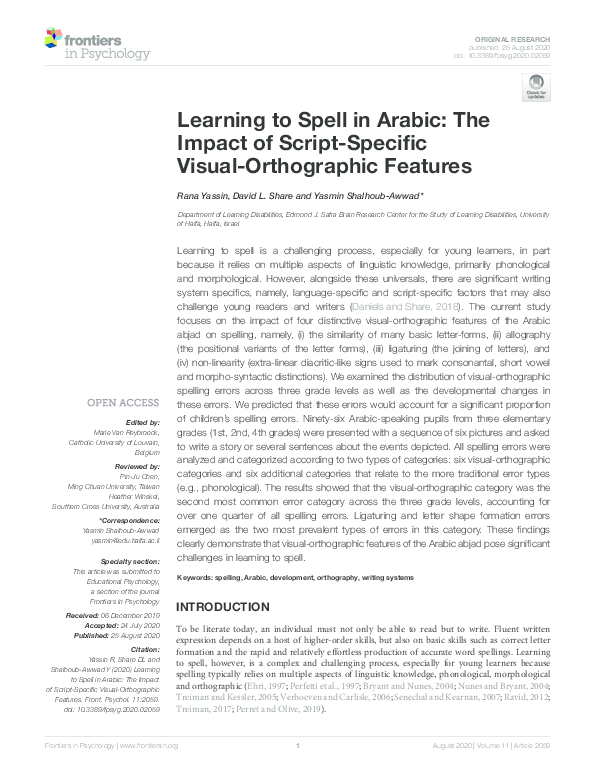 (PDF) Learning to Spell in Arabic: The Impact of Script-Specific Visual-Orthographic Features